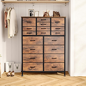 YaFiti 18 Drawer Dresser, Tall Dressers for Bedroom, Extra Large Capacity Fabric Storage Dresser with Wooden Top and Sturdy Metal Frame for Living Room, Closet, Hallway (Rustic Brown)
