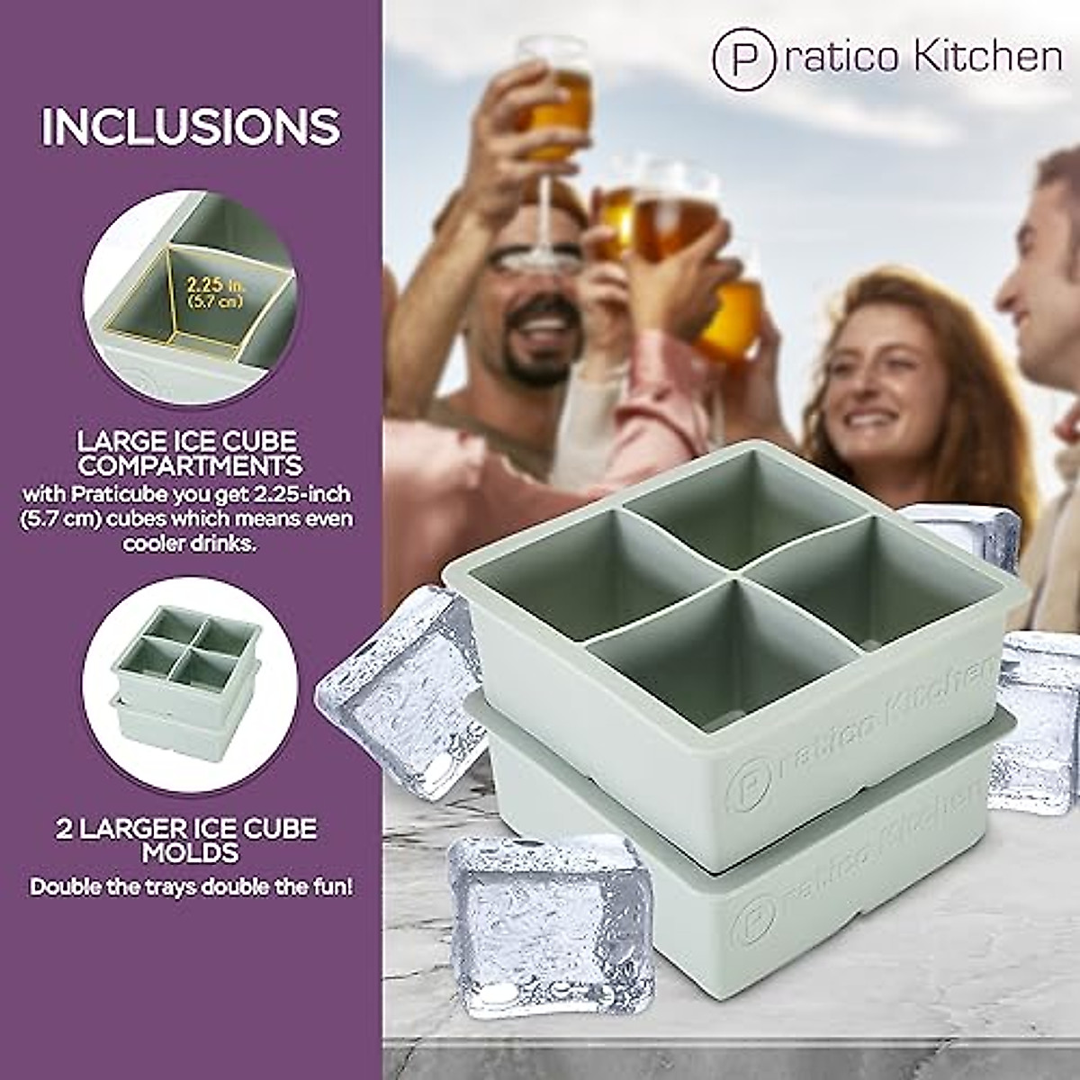 Pratico Kitchen Large Ice Tray, 4 Big 2.25 inch Ice Cubes for Whiskey and Cocktails, 2 Pack