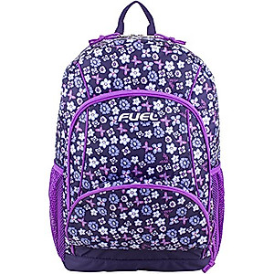 Fuel Multi Pocket Backpack with Fun Prints, Casual Daypack, Multipurpose Bag (Purple Floral Print)