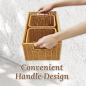 WeeNest Wicker Basket with Handle, Wicker Baskets for Organizing, Shelf Baskets, Shelf Baskets for Organizing, Woven Basket with Handles, Wicker Basket Organizers, Resin Wicker Set of 3, Latte