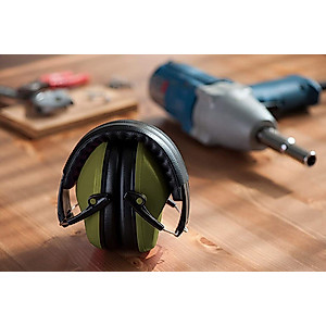 Earmuff hearing protection with low profile passive folding design 26dB NRR and reduces up to 125dB , Army Green
