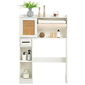 SUNTAGE 6Tier Over The Toilet Storage Cabinet, Freestanding Above Toilet Space Saver Rack w/Adjustable Shelves, Sliding Door, Multifunctional Over Toilet Organizer for Bathroom (White)