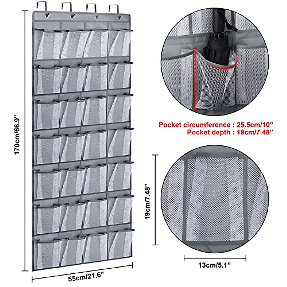 VIIVY VIYIV 28 Breathable Mesh Pockets - Over The Door Shoe Rack Hanging Shoe Organizer for Closet Storage with 4 Metal Hooks for Organizing, Dorm, Bathroom, Baby Essentials Closet Toys and Sundries