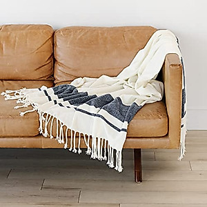 GRACED SOFT LUXURIES Chenille Fringe Throw Blanket for Couch | 50" x 60" Soft, Textured, Fluffy, Warm, Cozy Striped Boho Blanket | Decorative Yet Buttery Soft (Navy Stripe)