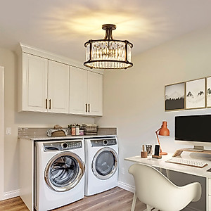 YYJLX 6-Light Black Semi Flush Mount Crystal Chandelier Metal Modern Ceiling Light Fixture Lighting for Living Room Dining Room Kitchen Bedroom Foyer Hallway