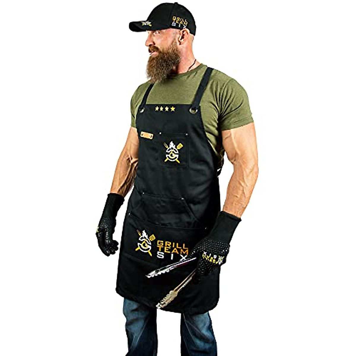GRILL TEAM SIX BBQ Aprons for Men Ultra Tough Elite Chef Apron with 5 Pocket Design - Perfect Grilling Gifts for Men and Dads