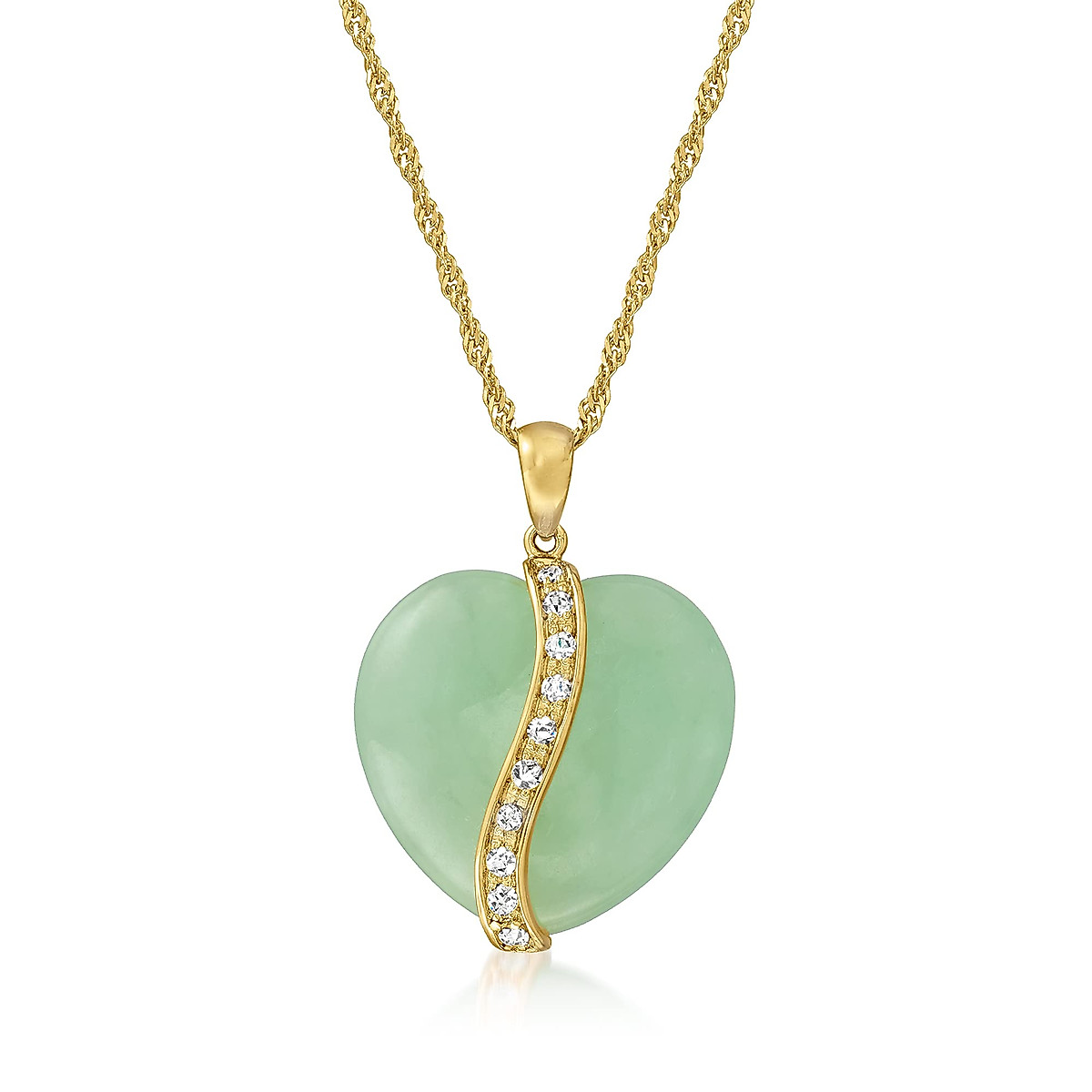 Ross-Simons Jade Heart Pendant Necklace With .37 ct. t.w. White Sapphires in 18kt Gold Over Sterling