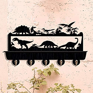 Dinosaur Wall-Mounted Coat Hooks Hat Rack with 5 Vintage Metal Hooks, Hat Rack and Upper Wooden Storage Shelf, Entryway, Kitchen, Bathroom, Living Room,16inch, Black,11lbs