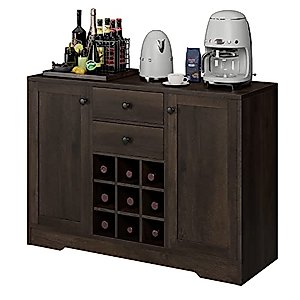 HOSTACK Coffee Bar Cabinet, Modern Farmhouse Buffet Sideboard Cabinet with Storage Drawers and Shelves, Liquor Cabinet with Removable Wine Rack for Kitchen, Dining Room, Living Room, Dark Brown