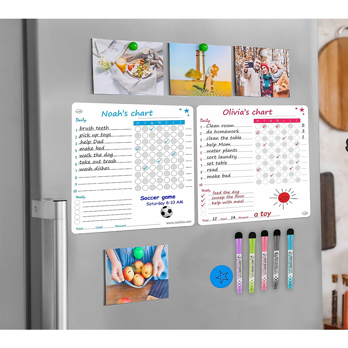 2 Pcs Chore Chart for Kids Multiple Kids with 5 Magnetic Markers & Star Eraser- Behavior Reward Chart - Fridge Weekly Schedule White Board - Teens Adults Family - Home School Responsibility Planner