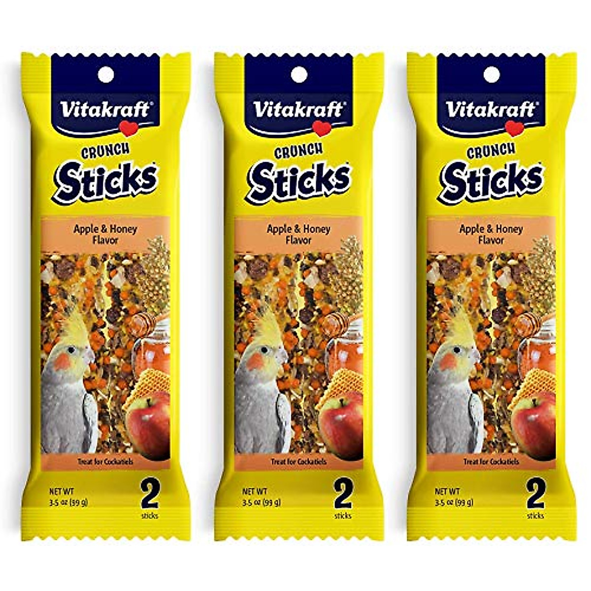 Vitakraft 3 Pack of Apple & Honey Crunch Sticks for Cockatiels, 2 Sticks Each