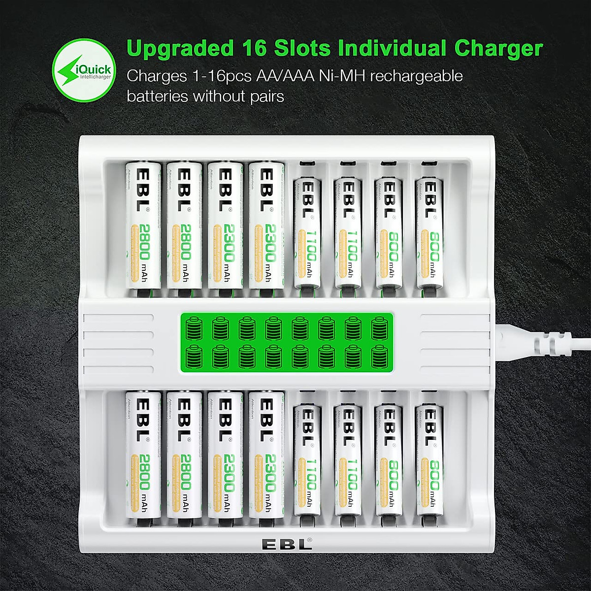 EBL AA Battery Charger, 16 Bay Batteries Charger with 1-Hour Fast Charging with LCD Display and AC Plug Cable for AA AAA NiMH Rechargeable Batteries