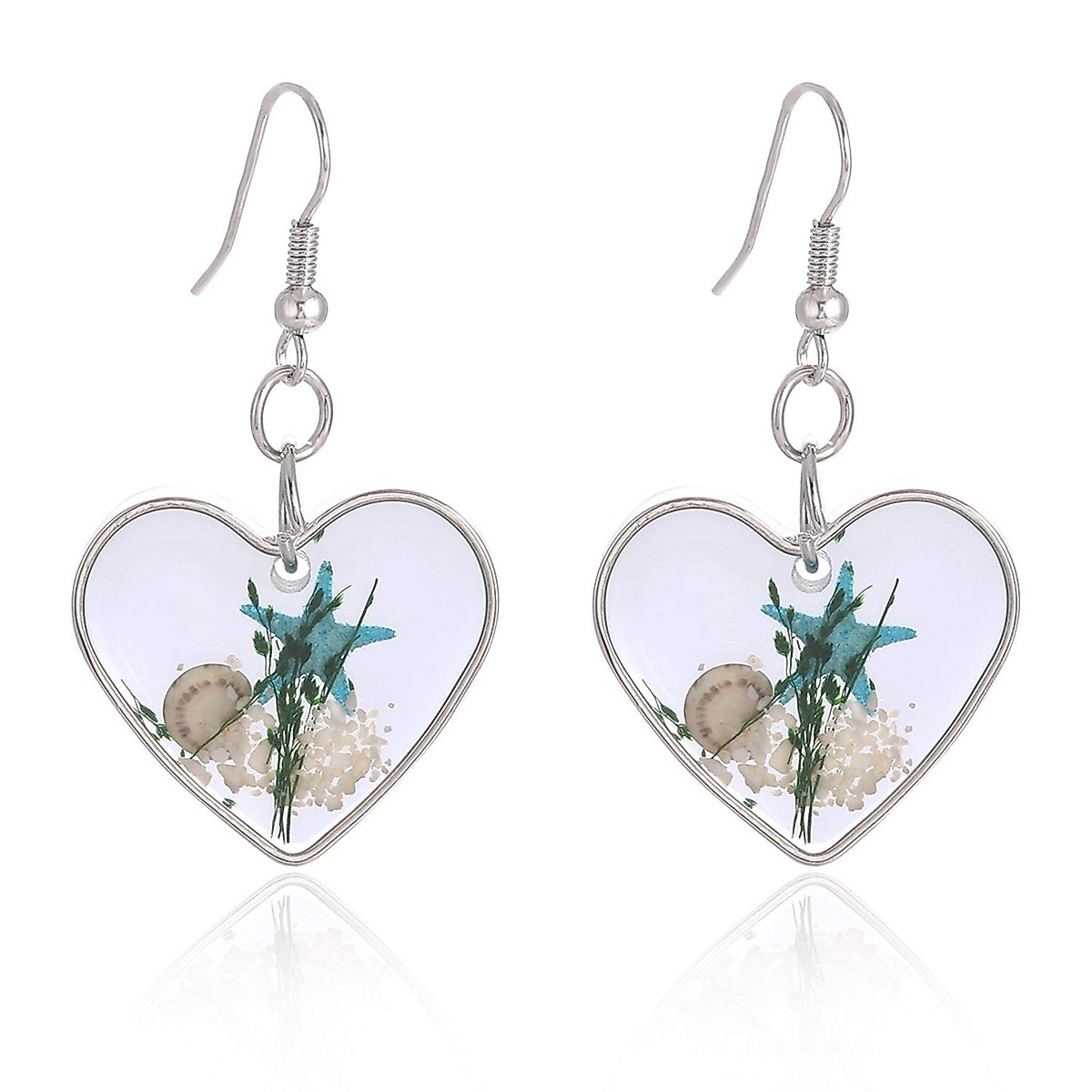 FM FM42 Silver-tone Blue Starfish Seashell Pressed Flower Small Heart Drop Dangle Hook Earrings FE2081