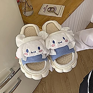 FUDEXING Kawaii Slippers For Women Fuzzy Cute Cartoon Shoes Warm Soft Sole Non-Slip Lightweight Slippers Linen Home Slippers (39-40), Blue, 8-8.5 Women/6.5-7 Men