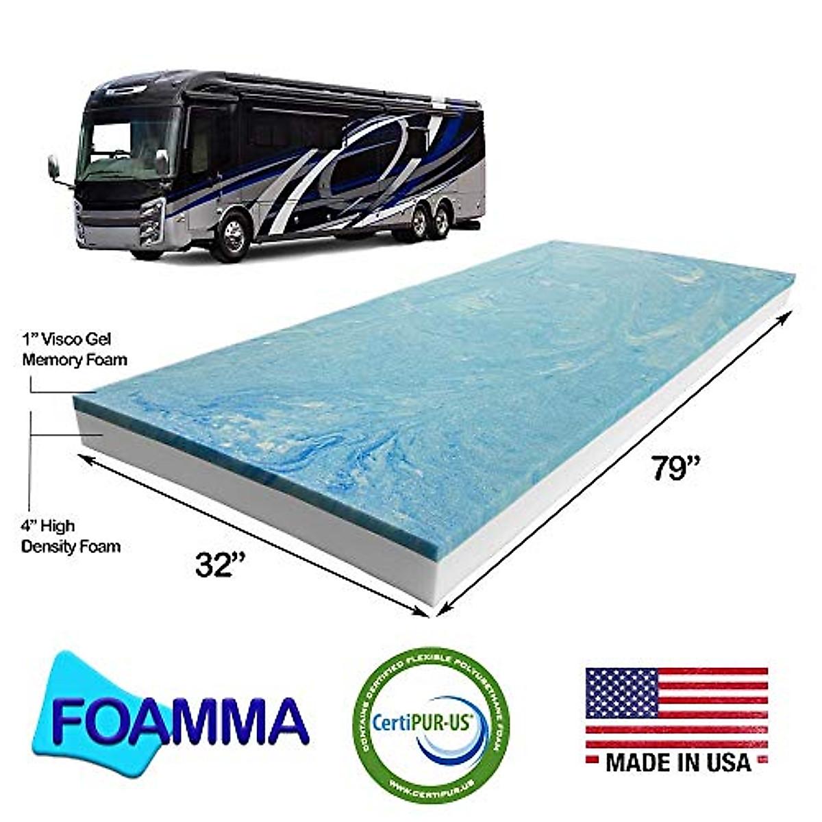Foamma 5” x 32” x 79” Truck, Camper, RV Travel Visco Gel Memory Foam Bunk Mattress Replacement, Made in USA, Comfortable, Travel Trailer, CertiPUR-US Certified, Cover Not Included