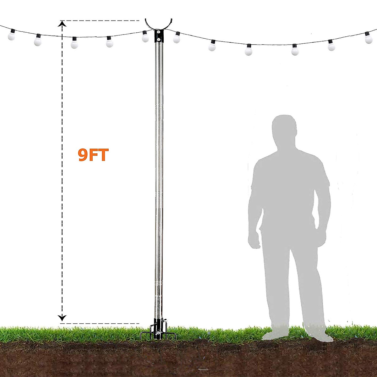 Harrms String Light Poles for Outdoors,10FT Stainless Steel Strong Wind Resistant, LED Solar Hanging String Lights Used for Patio, Courtyard, Garden, Wedding Cafe Party Light Pole Hanger