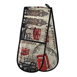 DOMIKING Quilted Double Oven Mitt - Vintage London Poster Connected Oven Mitts Oven Gloves Great for BBQ Grilling Cooking