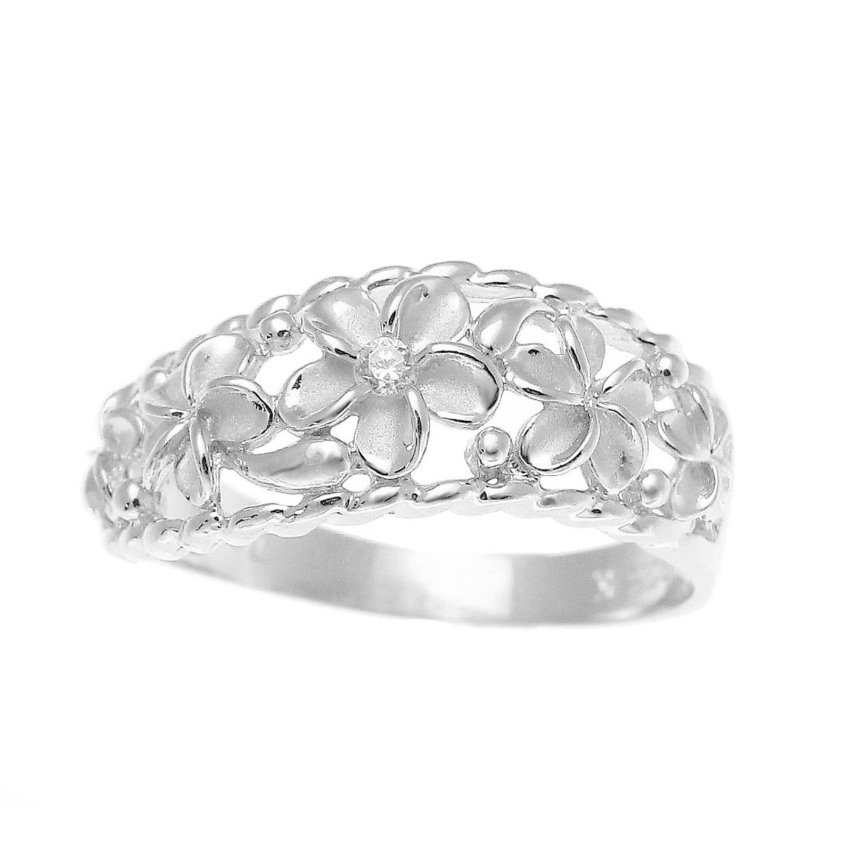 Arthur's Jewelry Sterling silver 925 Hawaiian 5 plumeria flower cz ring curve style rhodium plated size 10
