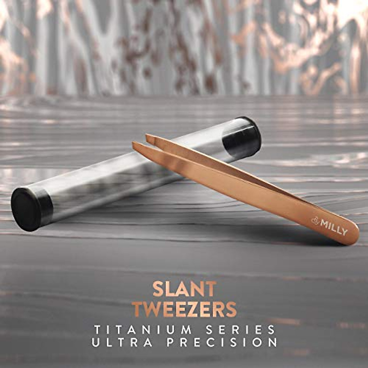 By MILLY German Steel Professional Slanted Tweezers - Hammer Forged 100% Stainless Steel - Hand-Filed and Aligned Slant Tips for Precision - Rose Gold