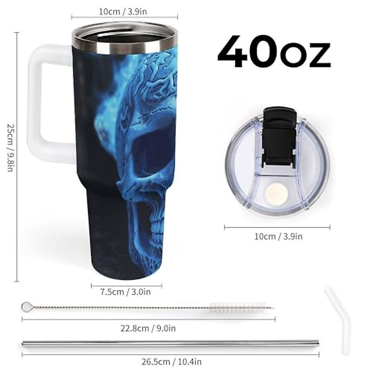LLUTSNTH 40 Oz Vacuum Tumbler with White Handle Leakproof Insulated Tumbler 3D Print Blue Skull Stainless Steel Travel Mug with Lid And Straw Coffee Cup Cute Water Bottles Cup Holder Friendly