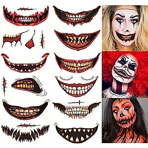 12PCS Halloween Face Tattoos for Adults, 2022 Halloween Prank Makeup Temporary Tattoo, Scary Big Mouth Tattoo Realistic Halloween Face Tattoos for Adult Women and Men