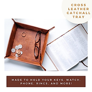 Cross Leather Valet Tray for Men with Scripture Included | EDC Dump Tray Catholic First Communion Gifts for Boys, Christian Gifts for Dad, Thoughtful Gifts for Men