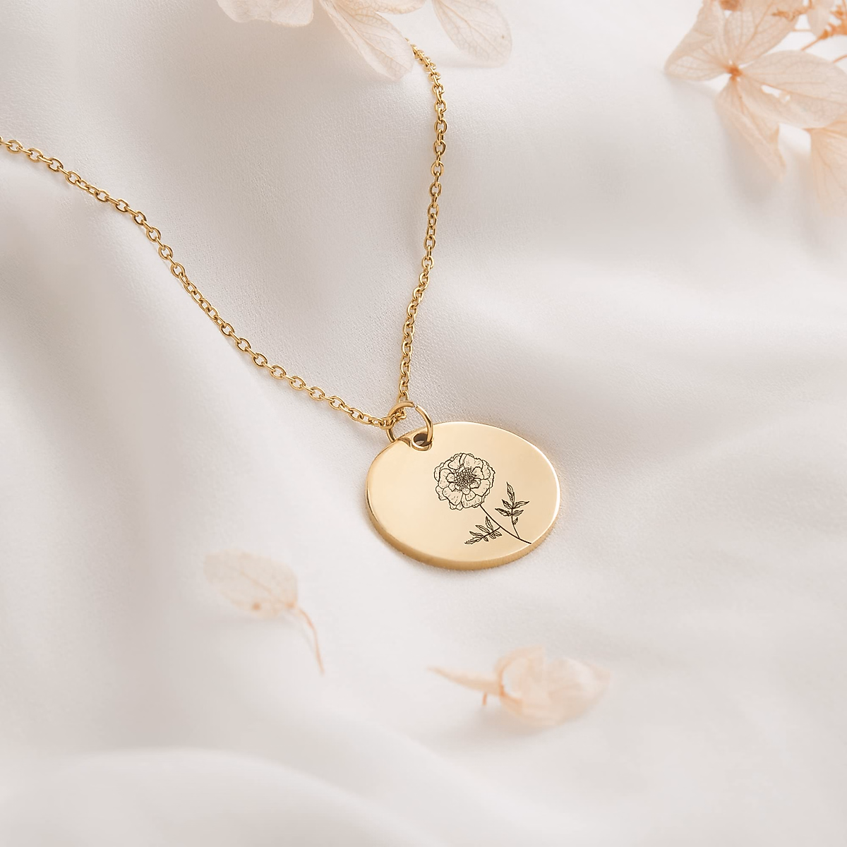 Anavia Birth Month Flower Necklace Birthday Gifts, Personalized Engraved Floral Coin Necklace, Customized Love Jewelry Necklace for Her Mom Sister Girlfriend Lily Poppy Sunflower (Silver)