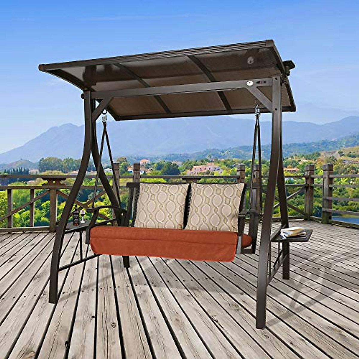 Iwicker Patio 2-Seat Deluxe Porch Swing with Sunbrella Cushions, Outdoor Swing Chair with Solar Light and Convertible Board Canopy