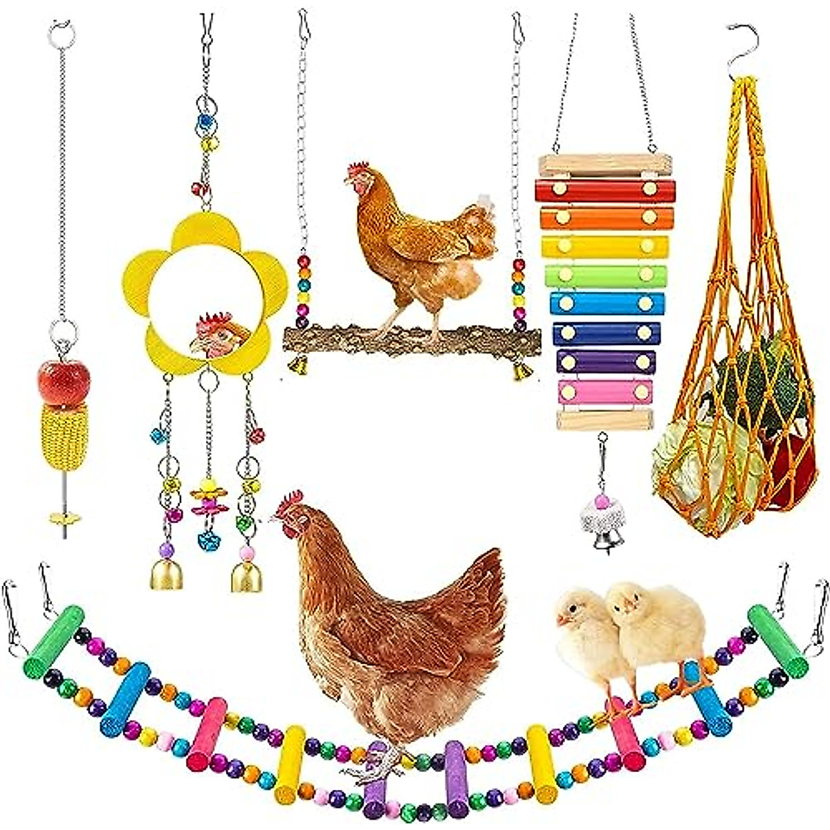 Longer Chain Chicken Toys for Coop Accessories 7PCS, Chicken Swing Ladder Perch roosts, Chicken Xylophone Mirror with Bells Vegetable Fruits Hanging Chicken Feeder for hens Bird Parrot