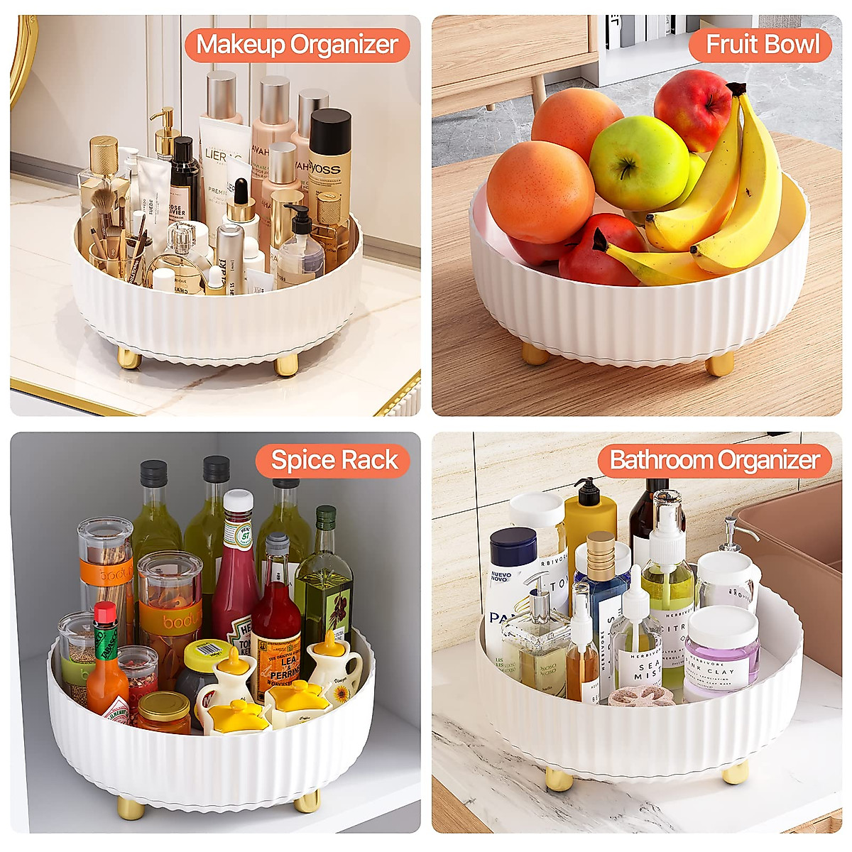 Saclsocs 2-Pack Makeup Organizer for Dresser, Perfume Tray, Hair Product Organizer, Lotion Organizer, 360 Degree Rotating Lazy Susan Cosmetic Storage, One-Tier, White