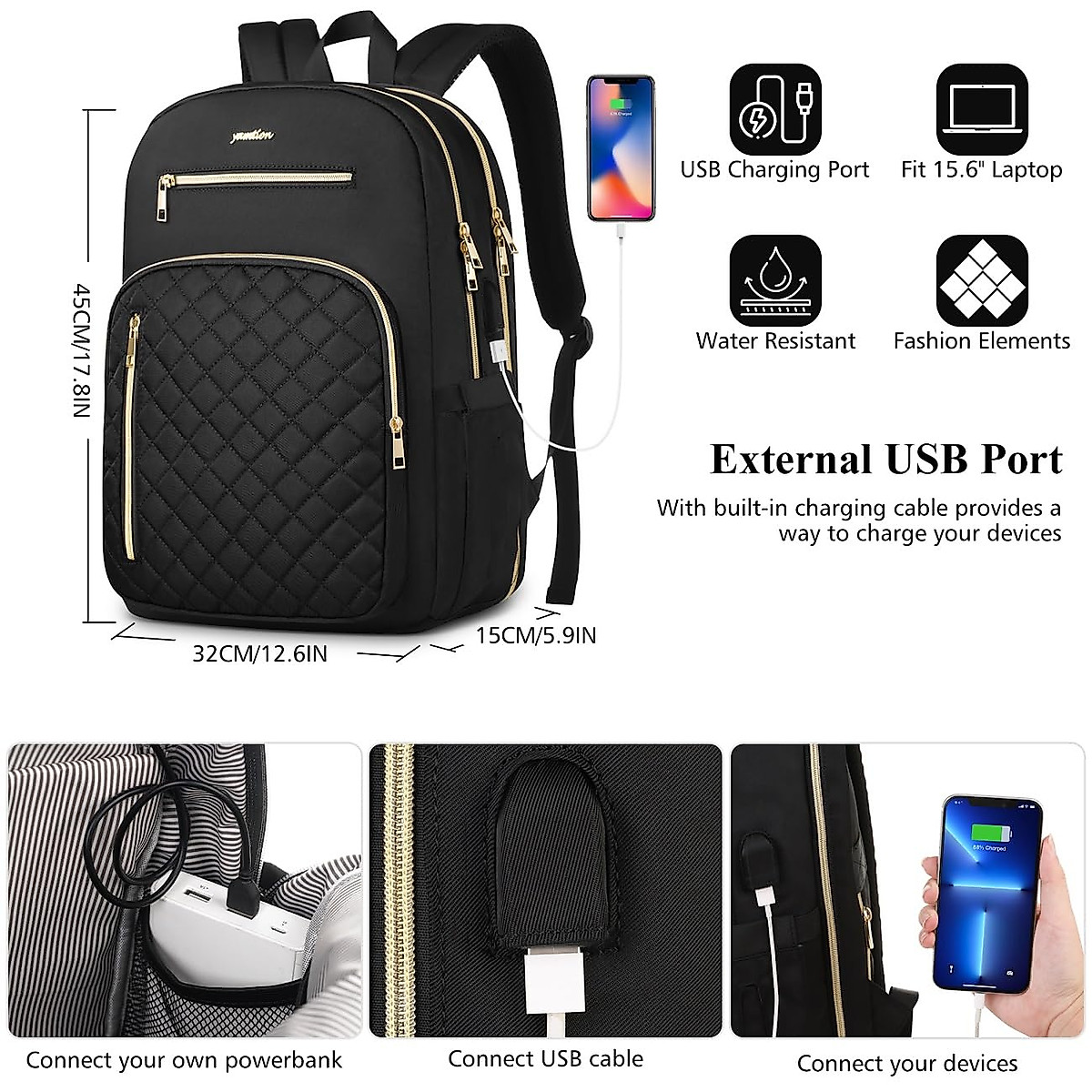 YAMTION Backpack Women Laptop,School Backpack Teen Girls Bookbag with USB for Uni College Students Teacher Business Work,Black