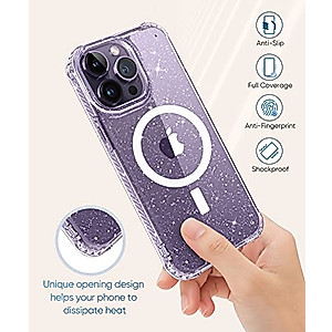 MIODIK Magnetic Glitter Case for iPhone 14 Pro with Screen Protector + Camera Protector, [Compatible with MagSafe] [Non-Yellowing] Shockproof Protective Slim Women Bumper Phone Cover 6.1" (Clear)