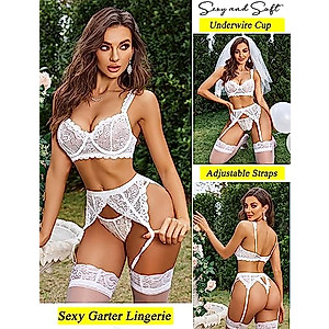 Avidlove Lace Garter Lingerie Set with Underwire Push Up Lingerie Set (No Stockings) (White, S)