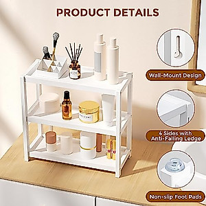 Bathroom Countertop Organizer - 3 Tier Bamboo Storage Shelf for Makeup, Skincare, Spices, Seasonings - Bathroom Vanity Accessories - Wall Mounted Floating Shelves - Over Toilet Shelving, Simply White