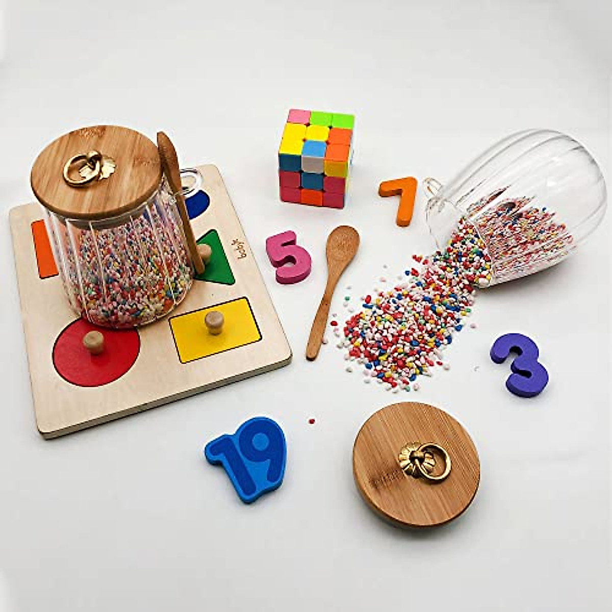 WEIRUIFANZHI 2 Pack Small Glass Coffee Jars set Canister with Bamboo Lid&spoon Petal Decorative Container with Metal Handle&scoop Airtight Storage jar Easy to Grasp for Nuts,Tea,Candy,Cookies(23.7OZ)