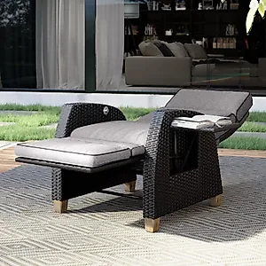 Grand patio Outdoor Reclining Chairs with Extended Footrest Adjustable WickerPatio Lounge Recliner up to 150° with Flip Side Table Cool Grey