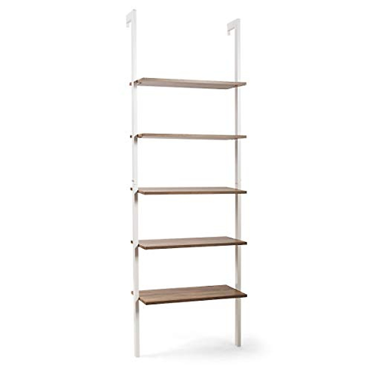 Tangkula 5-Shelf Bookcase, Modern 5-Tier Wood Wall Mounted Ladder Bookshelf with Metal Frame, 72 Inches Tall Industrial Open Ladder Shelf Display Rack Storage Shelves for Home Office (White, 1)