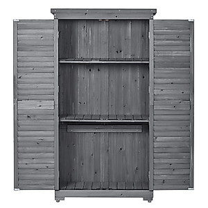Outdoor Wooden Storage Shed with Floor, Wood Storage Cabinet Waterproof, Garden Tool Shed with 3-Tier Shelves, Outside Vertical Shed with Shutter Design, Fir Wood, Latch Lock (Gray)