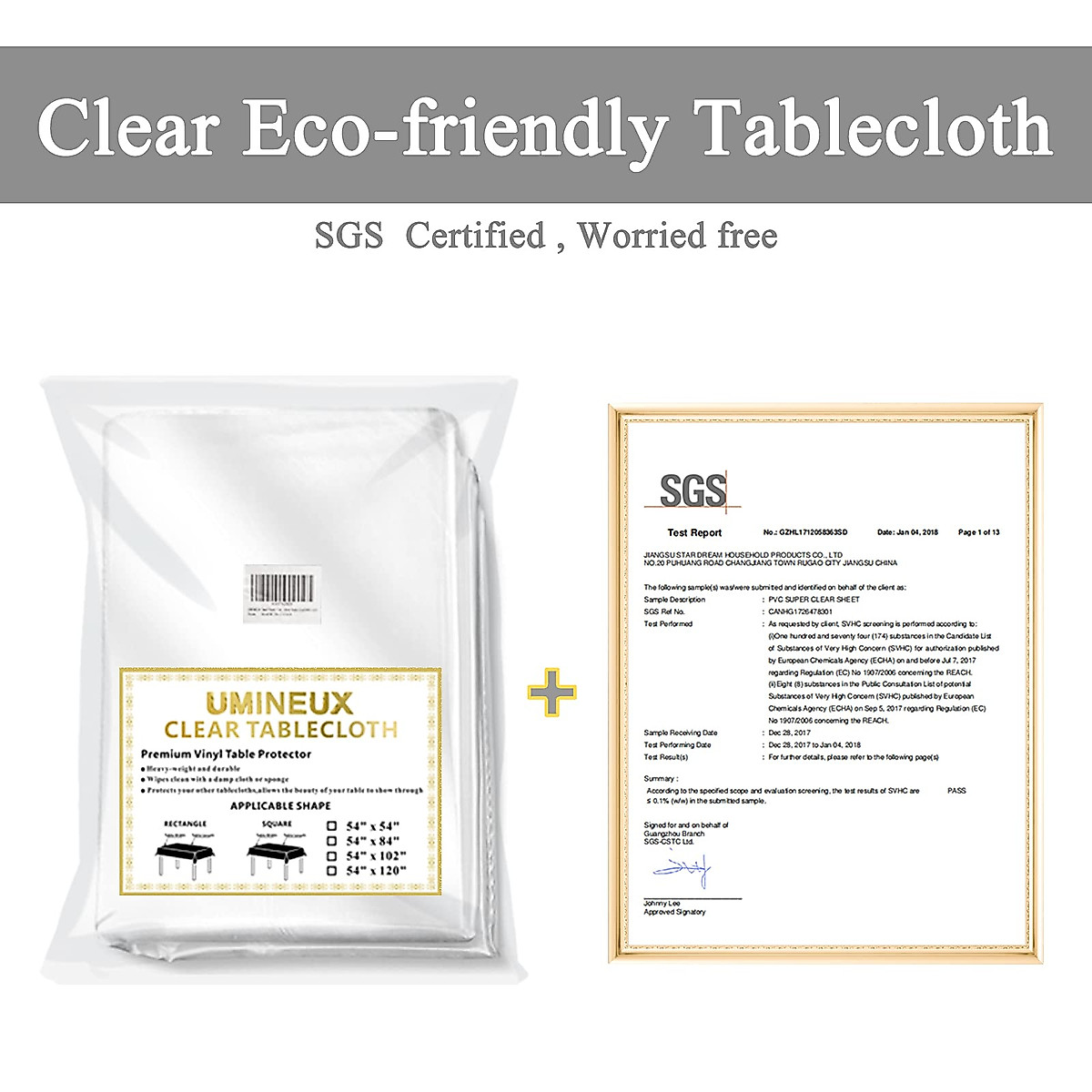 UMINEUX Clear Plastic Tablecloth Protector Heavy Duty Vinyl Table Cover 100% Waterproof Oil Proof Wipeable for Indoor Outdoor Dining Table Use(54x54 Inch, Square)