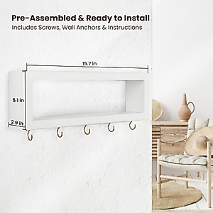 Lwenki Wall Shelf with Hooks - Decorative Key and Wallet Holder for Wall Holds Sunglasses, Leashes, Scarves and Lanyards - 15.7" x 5.1" x 2.9" Entryway Organizer Made of Paulownia Wood (White)