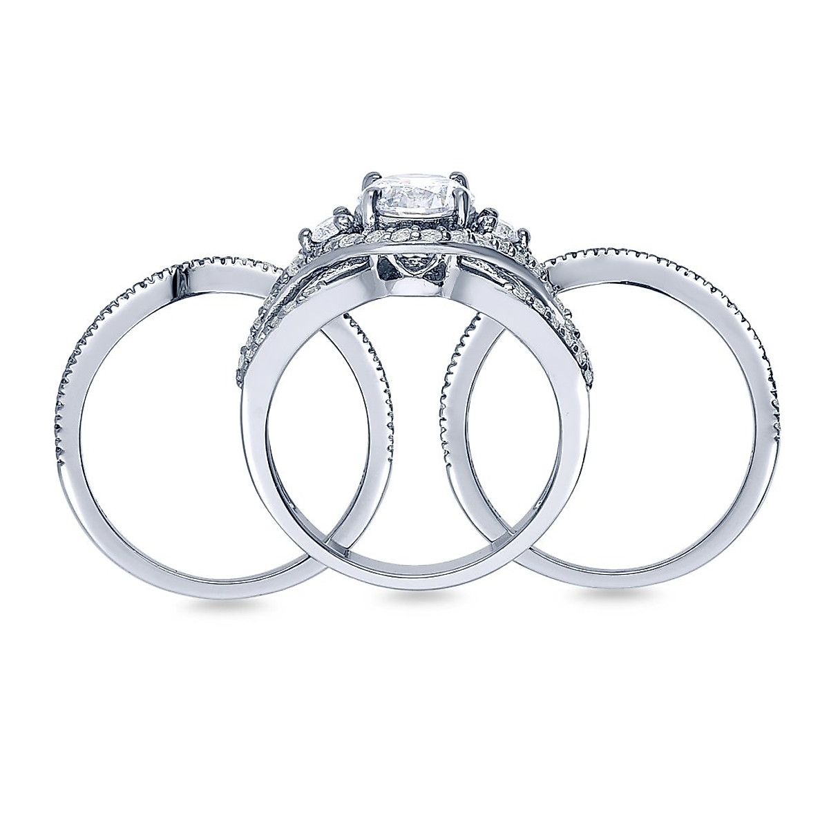 BERRICLE Sterling Silver 3-Stone Wedding Engagement Rings Round Cubic Zirconia CZ Ring Set for Women, Rhodium Plated Size 7.5
