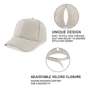 Muryobao Womens Ponytail Baseball Cap Messy High Bun Ponycap Adjustable Snapback Summer Sun Hat Plain Trucker Dad Hat Cotton Beige