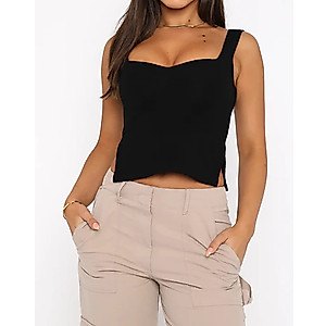 ForeFair Women Sleeveless Backless Crop Tank Top Summer Going Out Outfits Cute Pleated Sweetheart Neck Strappy Y2K Slits Tops (Black,M)