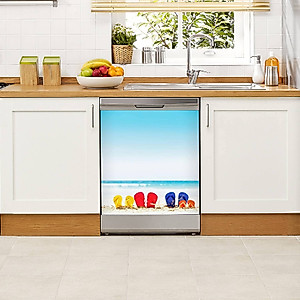 Dishwasher Magnet Cover Family Vacation time Four Pairs of Flipflops on Summer Beach Magnetic Refrigerator Stickers Decorative Appliance Cover Fridge Panels Metal Door Garage 23"Wx26"H