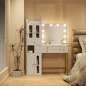 Vabches White Makeup Vanity Desk with Mirror and Lights, 3-Color Adjustable Light Vanity Table Set, Large Modern Makeup Table with Drawers, Vanity and Storage Cabinet 2-in-1 Design, Vanity Organizer