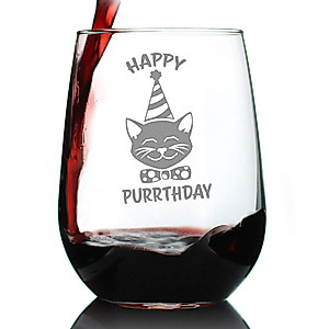 Happy Purrthday - Funny Cat Stemless Wine Glass for Birthday - Cute Cat Themed Bday Party Gifts and Decor - Large 17 Oz