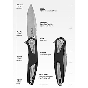 Kershaw Tremolo Pocket Knife, 3.125" 4Cr14 Steel Clip Point Blade, assisted opening EDC,Black