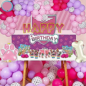 7x5ft Pink Skye Dog Patrol Birthday Backdrop Paw Print Happy Birthday Banner Decorations Background for Girls Puppy Dog Birthday Party Supplies