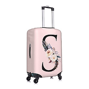Elastic Travel Luggage Cover Cute Pink Suitcase Protector Bag,Black Letter S With Boho Floral Flowers Leaves Anti-Scratch,Dust-Proof Washable Suitcase Sleeve For Kid Adult,L (For 25-28 Inch Luggage)