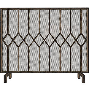 AMAGABELI GARDEN & HOME Decorative Fireplace Screen for Wood Burning Fireplace Stove Wrought Iron Flat Single Panel Stand Alone Cover, Fire Spark Guard Safety Mesh Modern Indoor Outdoor Brass Bronze